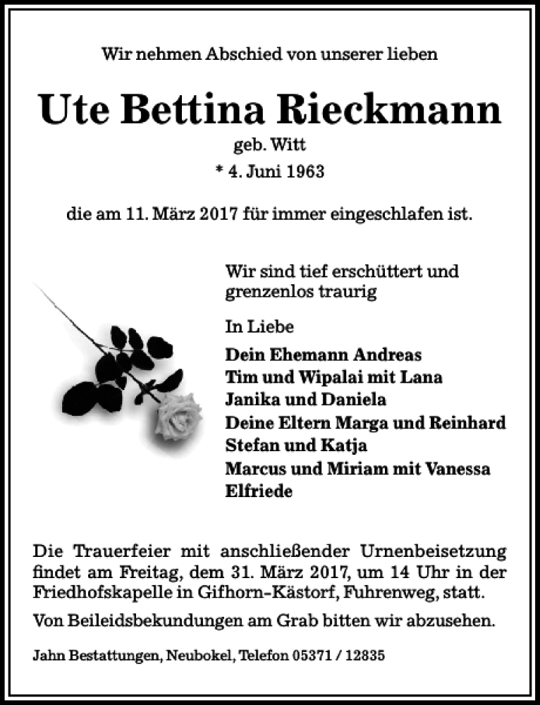 Traueranzeigen von Ute Bettina Rieckmann | trauer-anzeigen.de
