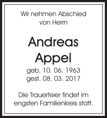 Traueranzeigen von Andreas Appel | trauer-anzeigen.de