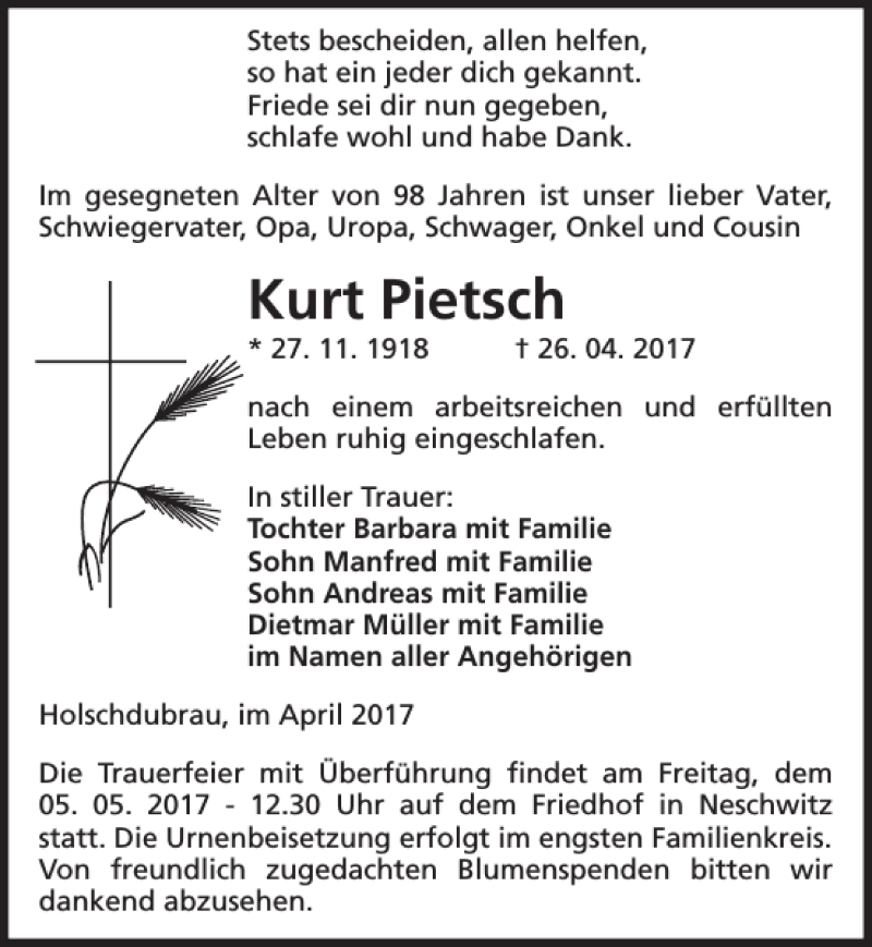 Traueranzeigen von Kurt Pietsch | trauer-anzeigen.de
