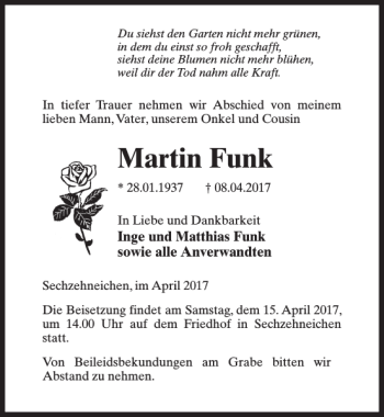 Traueranzeigen von Martin Funk | trauer-anzeigen.de