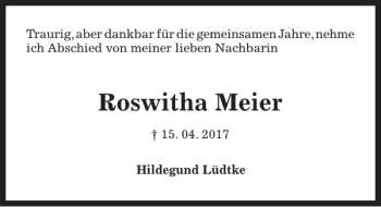 Traueranzeigen von Roswitha Meier | trauer-anzeigen.de