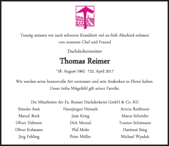 Traueranzeigen von Thomas Reimer | trauer-anzeigen.de