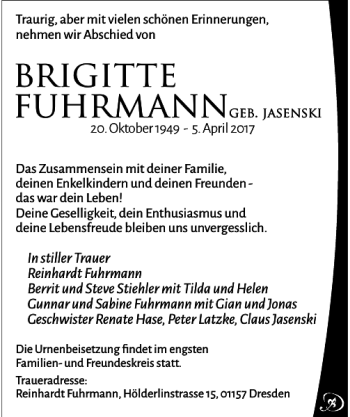 Traueranzeigen von brigitte fuhrmann | trauer-anzeigen.de