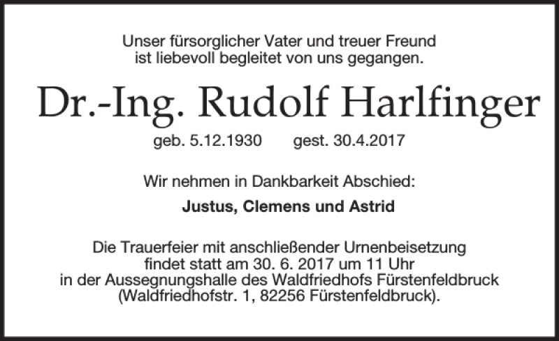 Traueranzeigen von Dr.-Ing. Rudolf Harlfinger | trauer-anzeigen.de