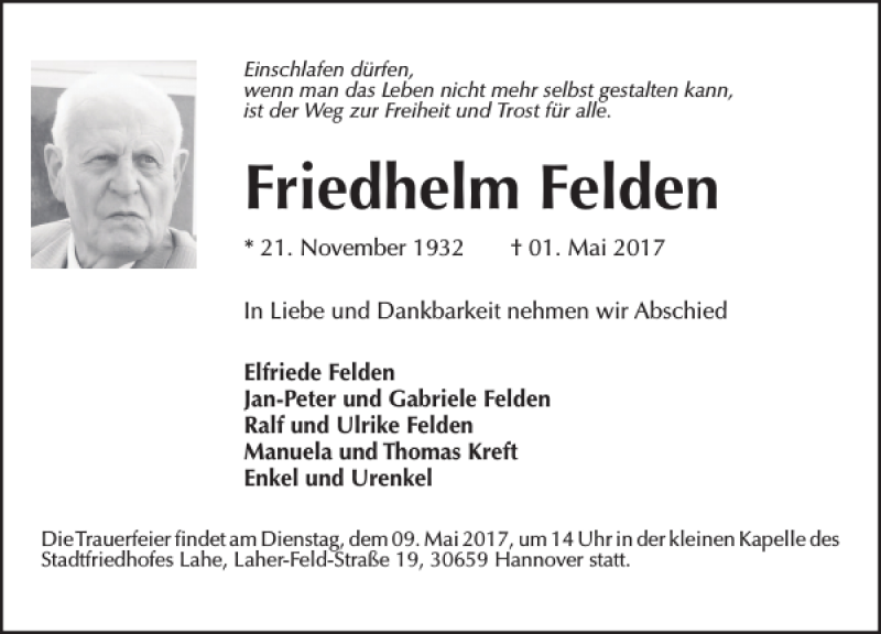 Traueranzeigen von Friedhelm Felden | trauer-anzeigen.de