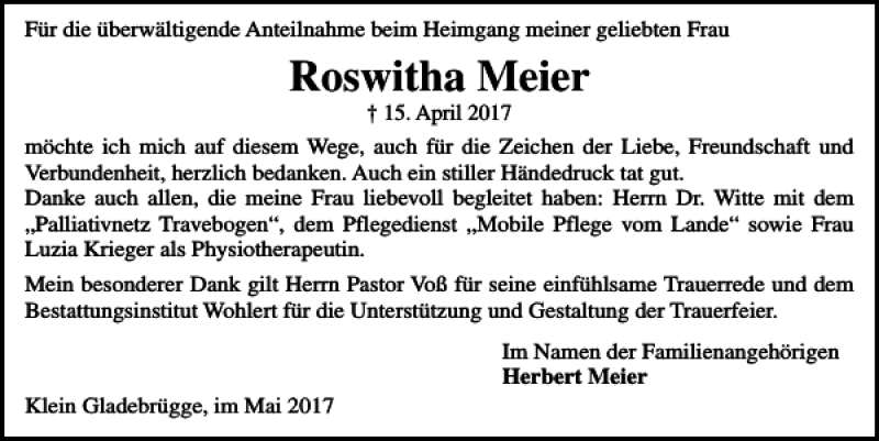 Traueranzeigen von Roswitha Meier | trauer-anzeigen.de