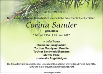 Traueranzeigen von Corina Sander | trauer-anzeigen.de