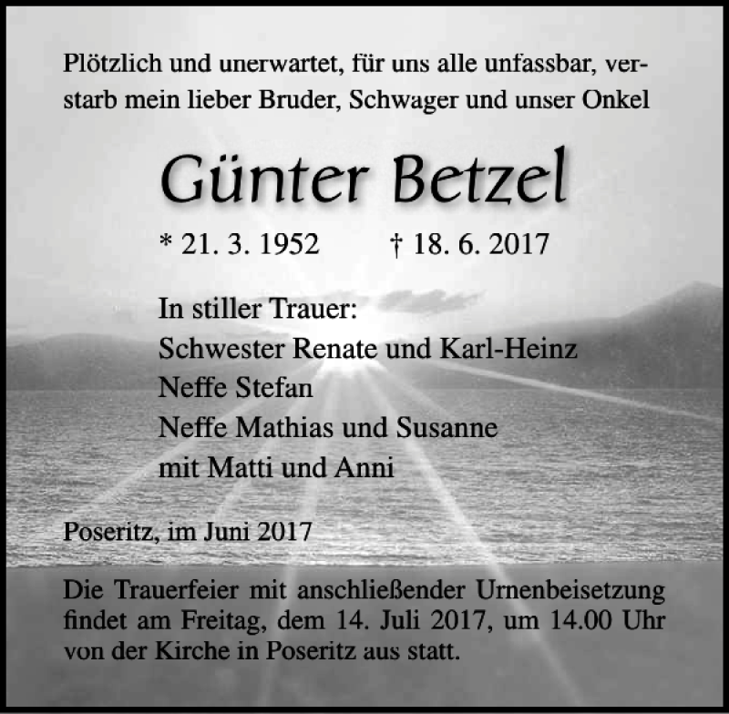 Traueranzeigen von Günter Betzel | trauer-anzeigen.de