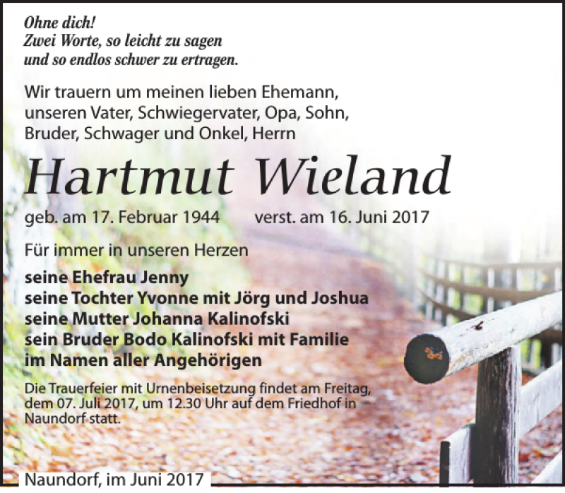 Traueranzeigen von Hartmut Wieland | trauer-anzeigen.de