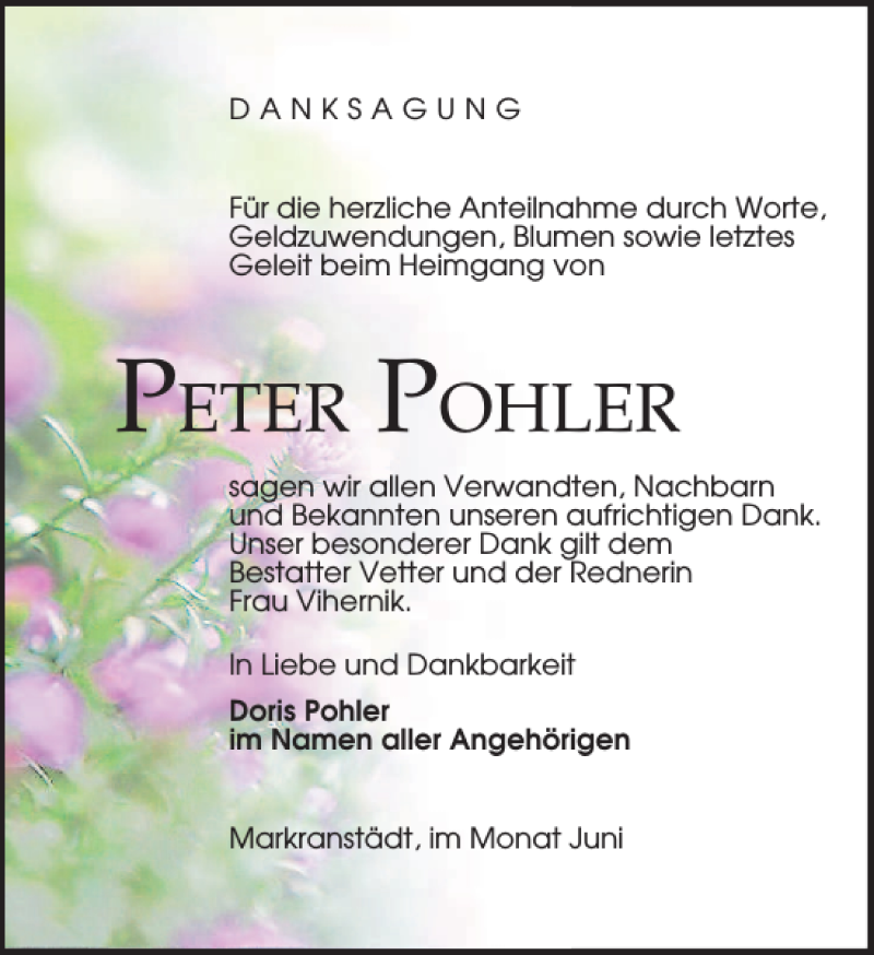 Traueranzeigen von Peter Pohler | trauer-anzeigen.de