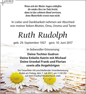 Traueranzeigen von Ruth Rudolph | trauer-anzeigen.de