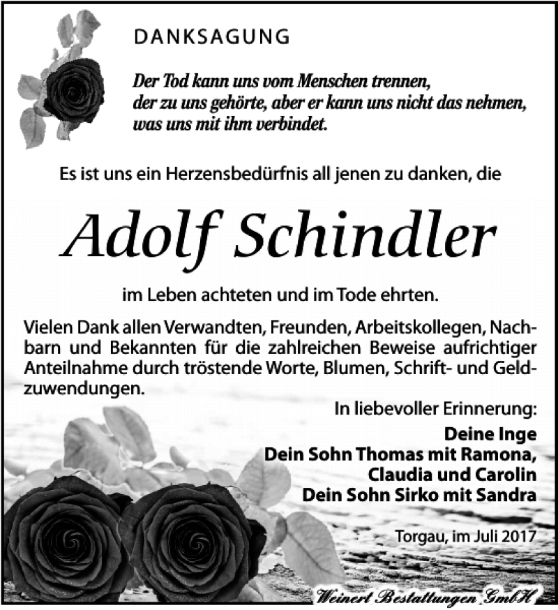 Traueranzeigen von Adolf Schindler | trauer-anzeigen.de