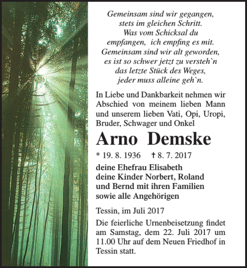 Traueranzeigen von Arno Demske | trauer-anzeigen.de