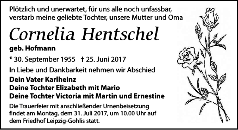 Traueranzeigen von Cornelia Hentschel | trauer-anzeigen.de