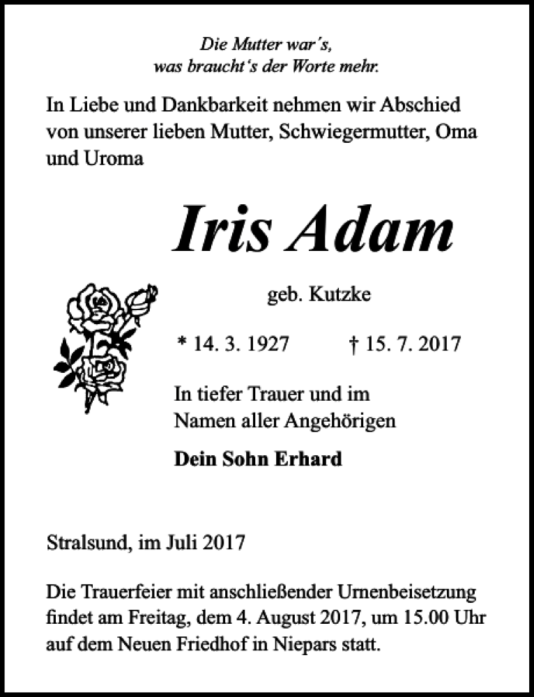 Traueranzeigen von Iris Adam | trauer-anzeigen.de