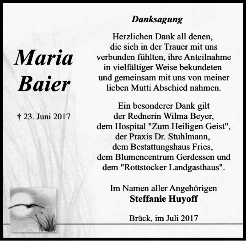 Traueranzeigen von Maria Baier | trauer-anzeigen.de