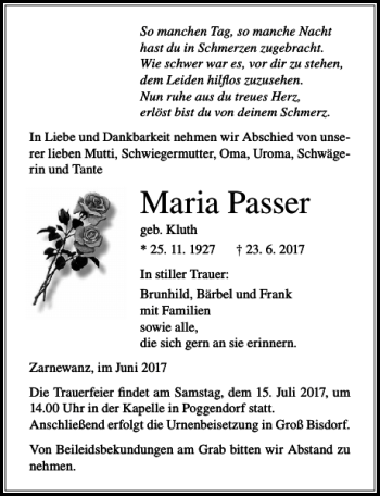 Traueranzeigen von Maria Passer | trauer-anzeigen.de