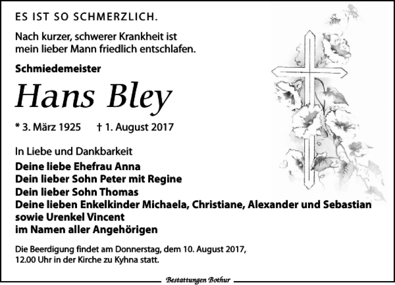 Traueranzeigen von Hans Bley | trauer-anzeigen.de