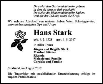 Traueranzeigen von Hans Stark | trauer-anzeigen.de
