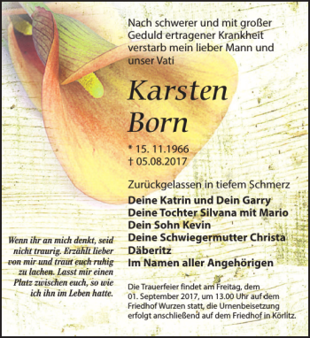 Traueranzeigen von Karsten Born | trauer-anzeigen.de