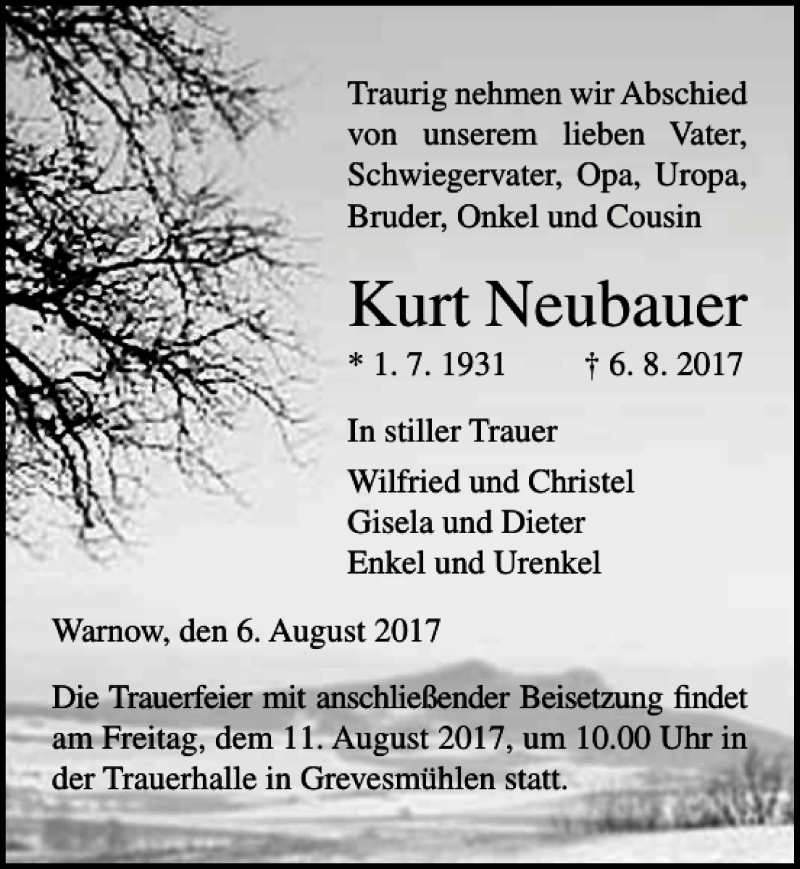 Traueranzeigen von Kurt Neubauer | trauer-anzeigen.de