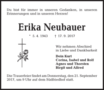 Traueranzeigen von Erika Neubauer | trauer-anzeigen.de