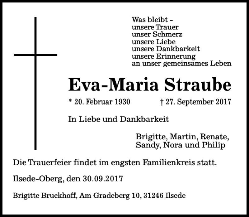 Traueranzeigen von Eva-Maria Straube | trauer-anzeigen.de