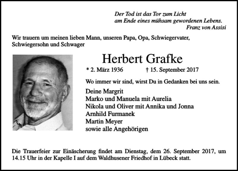 Traueranzeigen von Herbert Grafke | trauer-anzeigen.de