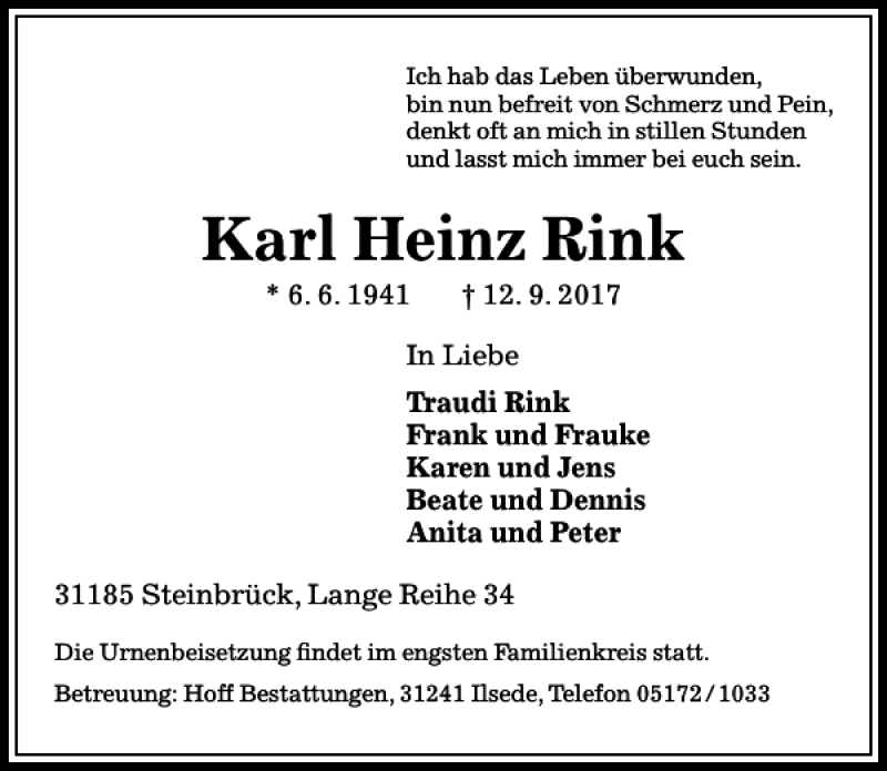 Traueranzeigen von Karl Heinz Rink | trauer-anzeigen.de