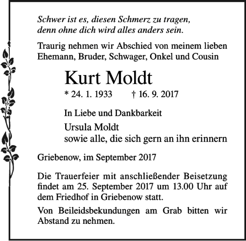 Traueranzeigen von Kurt Moldt | trauer-anzeigen.de