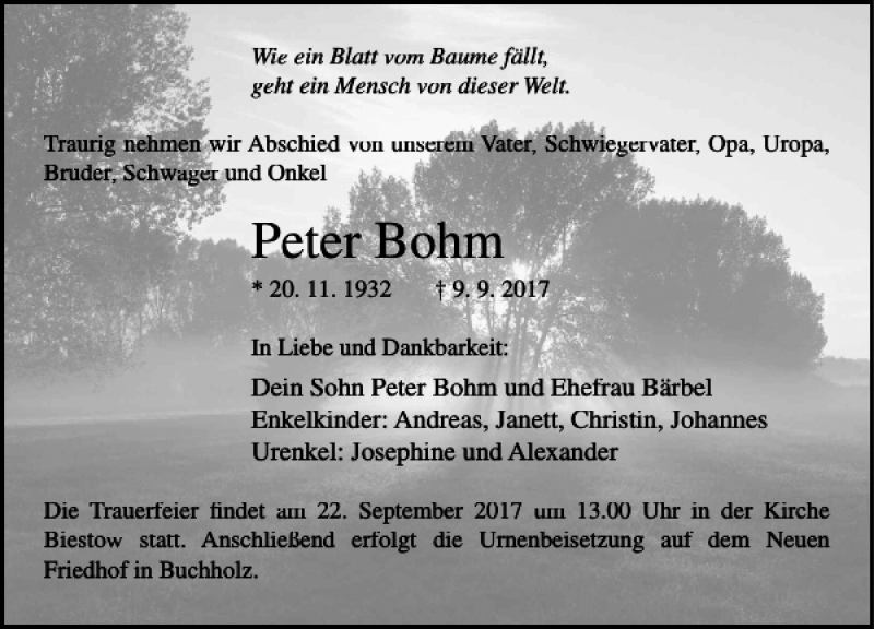 Traueranzeigen von Peter Bohm | trauer-anzeigen.de