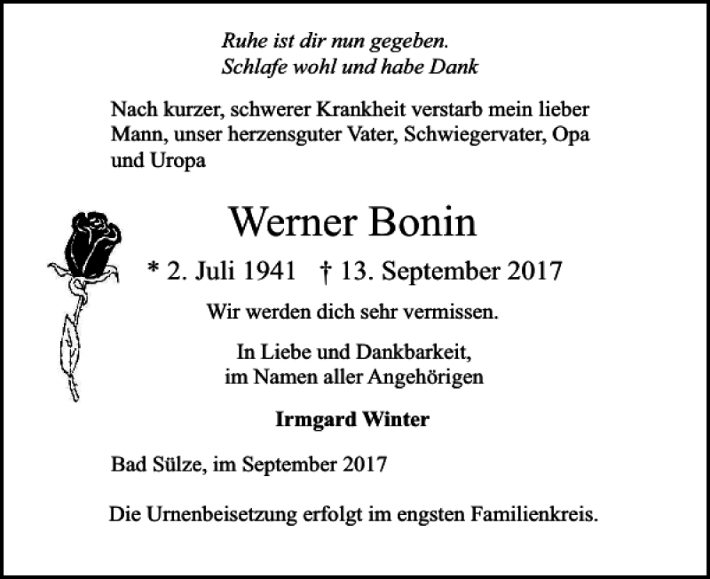 Traueranzeigen von Werner Bonin | trauer-anzeigen.de