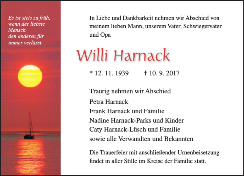 Traueranzeigen von Willi Harnack | trauer-anzeigen.de