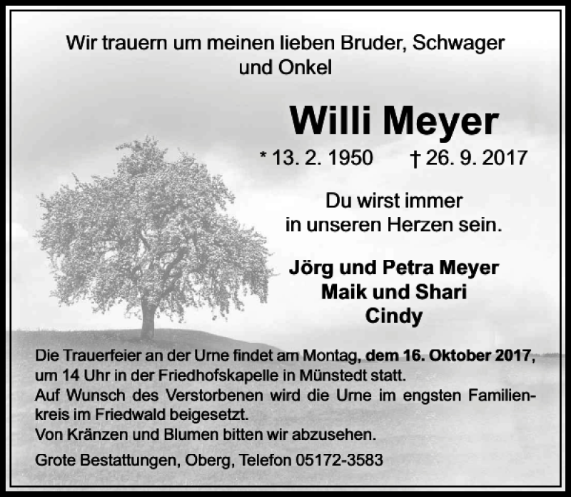 Traueranzeigen von Willi Meier | trauer-anzeigen.de