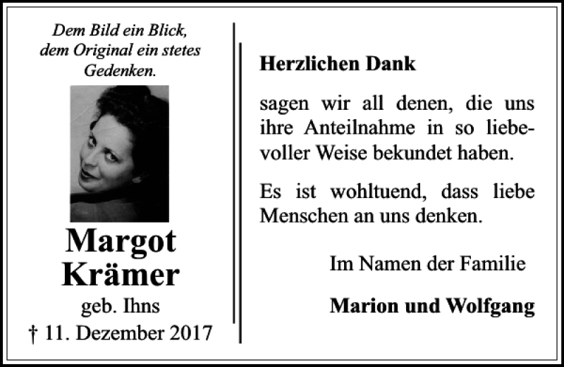 Traueranzeigen von Margot Krämer | trauer-anzeigen.de