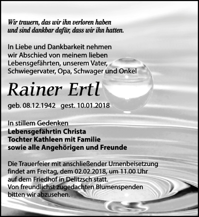 Traueranzeigen von Rainer Ertl | trauer-anzeigen.de