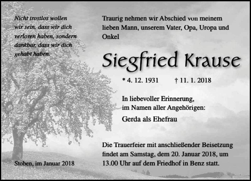 Traueranzeigen von Siegfried Krause | trauer-anzeigen.de