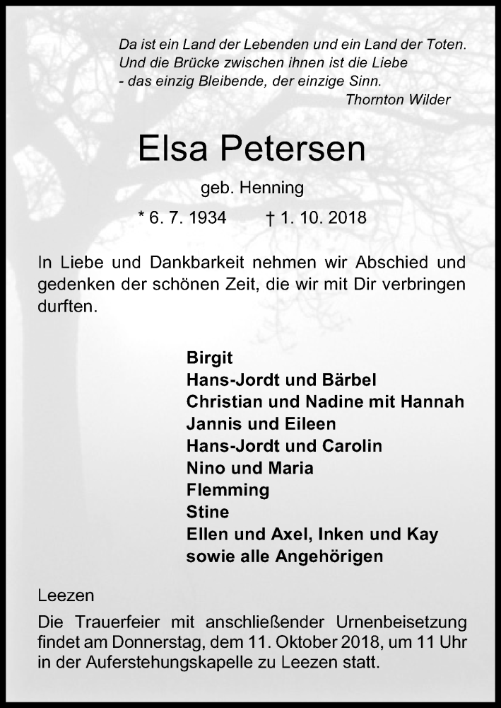 Traueranzeigen von Elsa Petersen | trauer-anzeigen.de