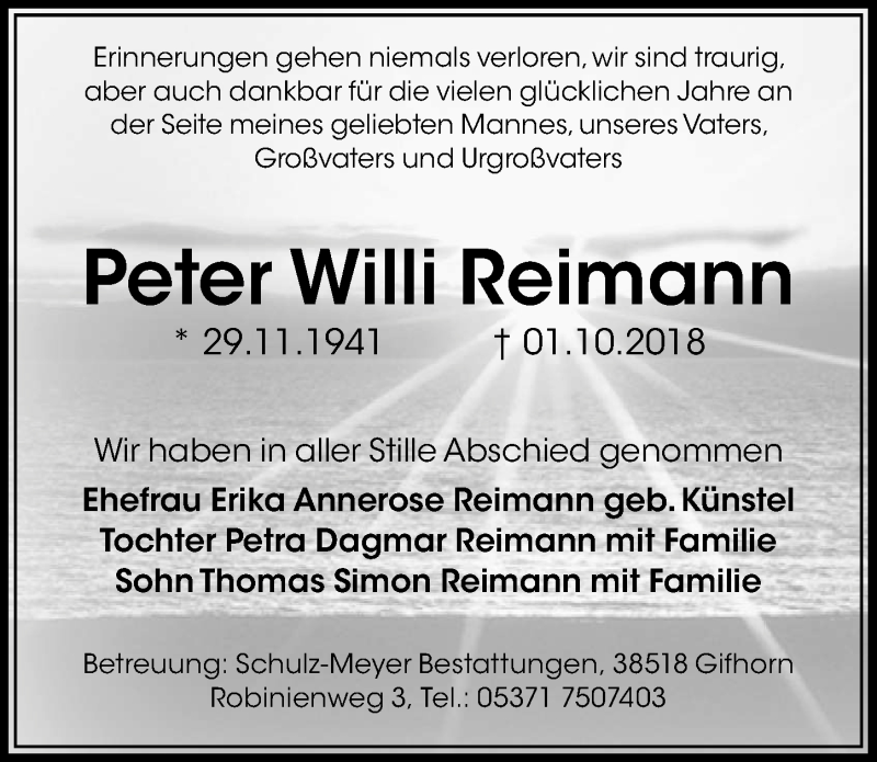 Traueranzeigen von Peter Willi Reimann | trauer-anzeigen.de