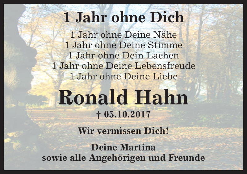 Traueranzeigen von Ronald Hahn | trauer-anzeigen.de