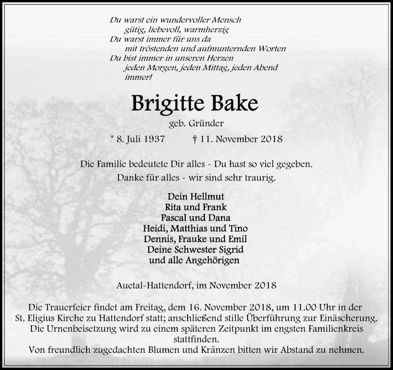 Traueranzeigen von Brigitte Bake | trauer-anzeigen.de