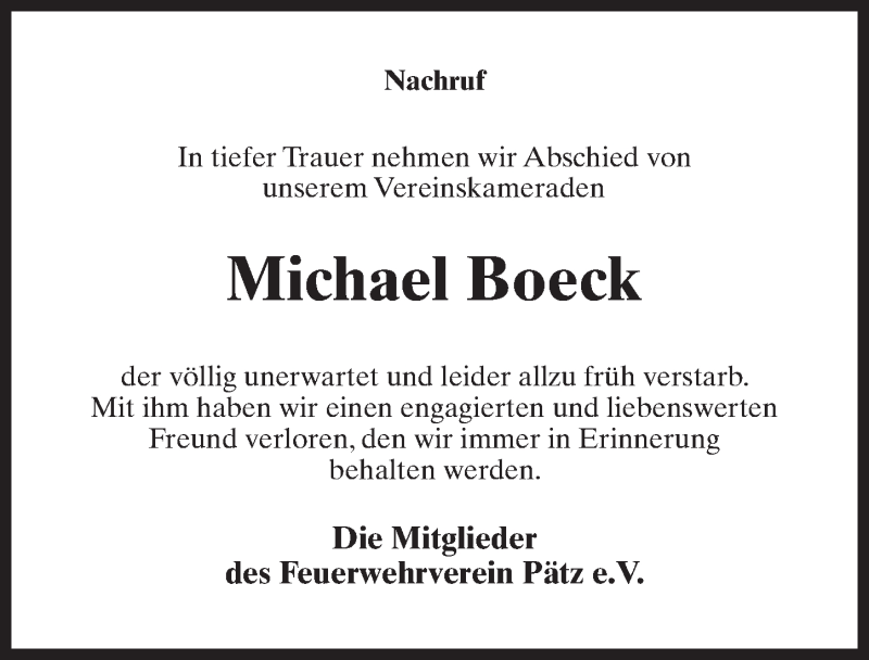 Traueranzeigen von Michael Boeck | trauer-anzeigen.de