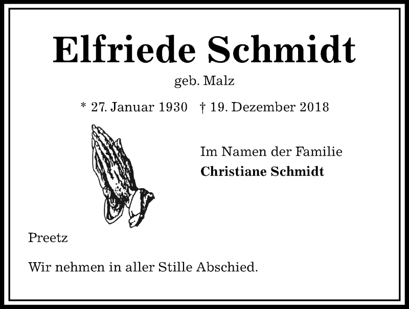 Traueranzeigen von Elfriede Schmidt | trauer-anzeigen.de