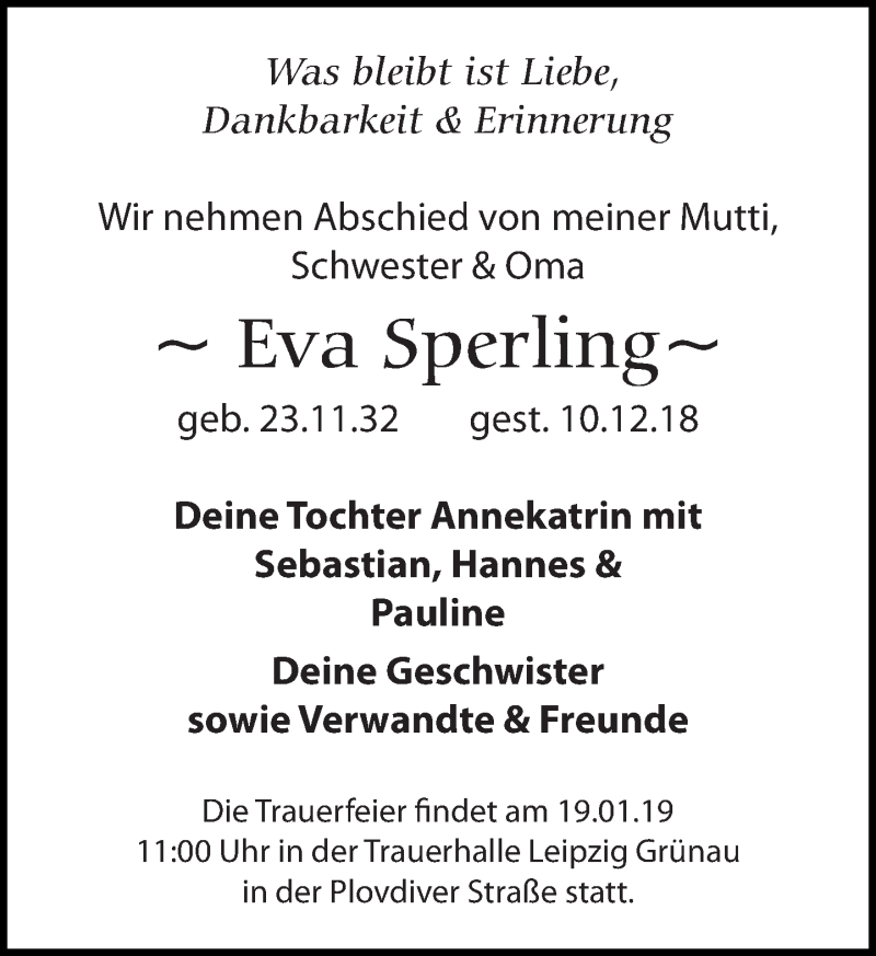 Traueranzeigen von Eva Sperling | trauer-anzeigen.de
