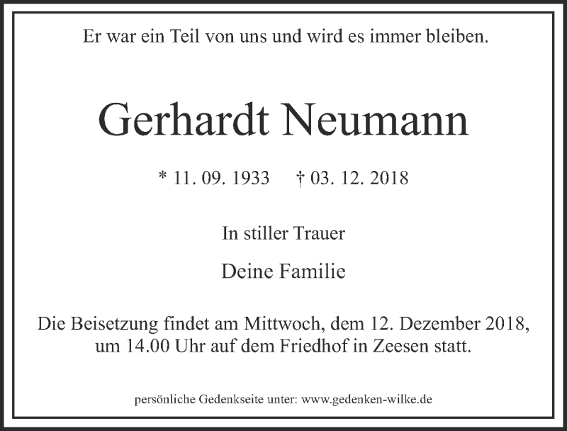 Traueranzeigen von Gerhardt Neumann | trauer-anzeigen.de