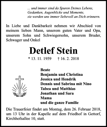 Traueranzeigen von Detlef Stein | trauer-anzeigen.de