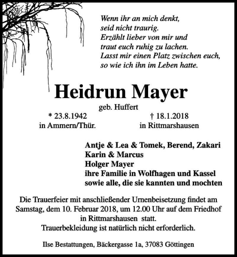 Traueranzeigen von Heidrun Mayer | trauer-anzeigen.de