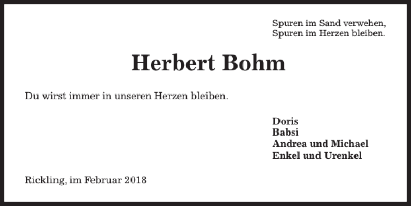 Traueranzeigen von Herbert Bohm | trauer-anzeigen.de
