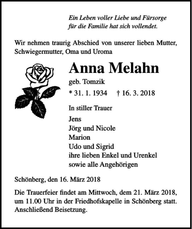 Traueranzeigen von Anna Melahn | trauer-anzeigen.de
