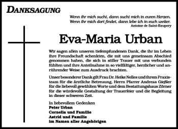 Traueranzeigen von Eva-Maria Urban | trauer-anzeigen.de